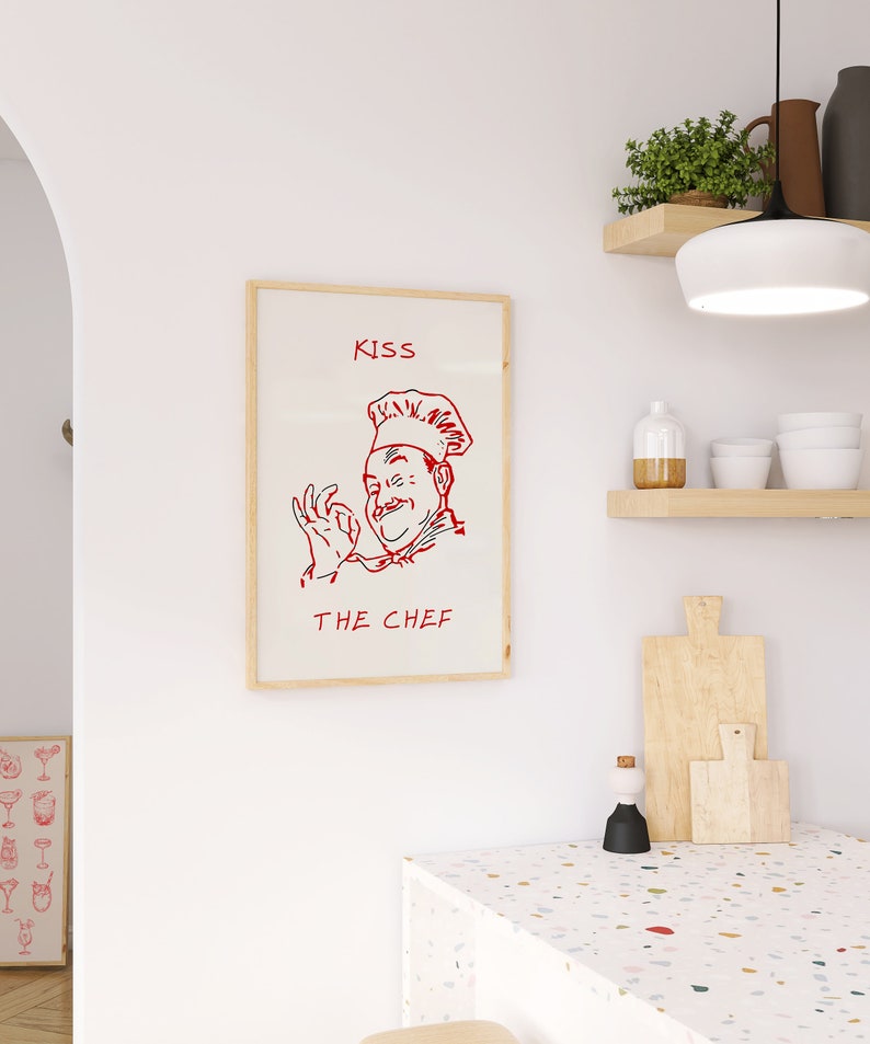 Kiss the Chef Print, Aesthetic Kitchen Wall Decor, Cute Cooking Art ...