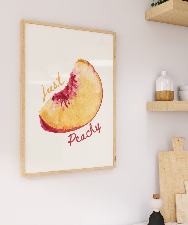 Retro Peach Art Print, Cute Colorful Kitchen Wall Art, Minimalist Fruit ...