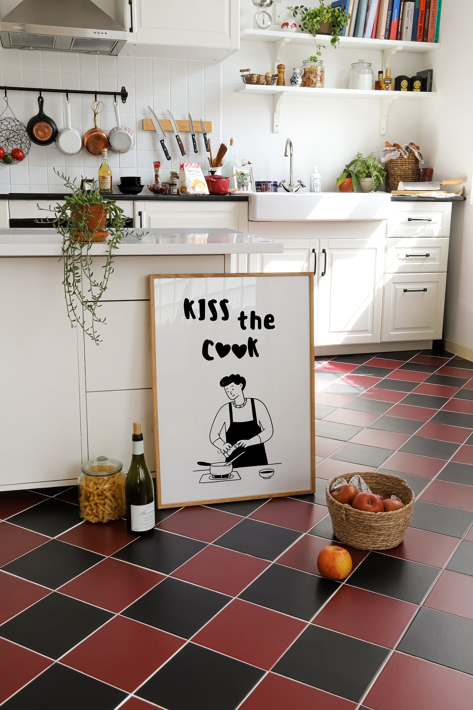 Kiss the Cook Print, Aesthetic Kitchen Decor, Cute Cooking Art, Trendy ...