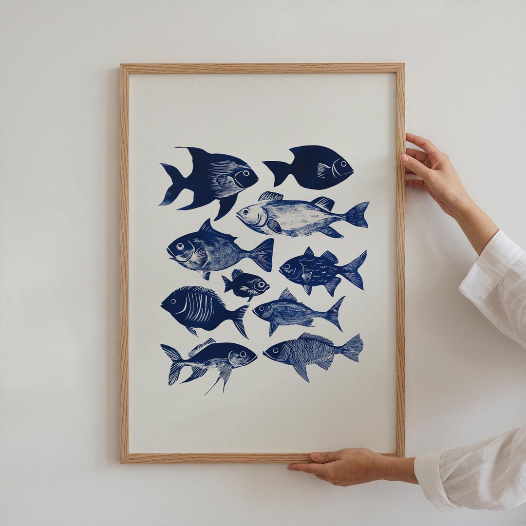 Blue Fish Print, Shoal of Fish Art, Watercolor Fish Painting, Nautical ...
