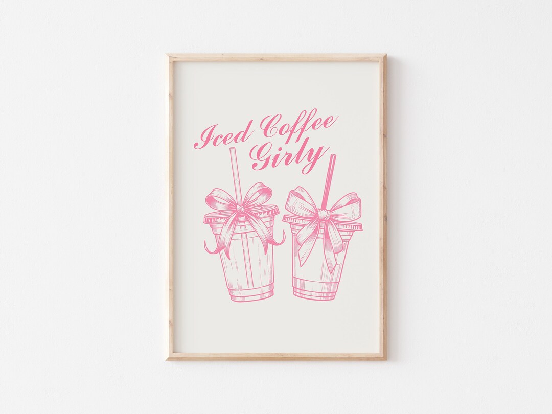 Pink Coquette Decor, Iced Coffee Girly Print, Pink Bow Prints, Coffee ...