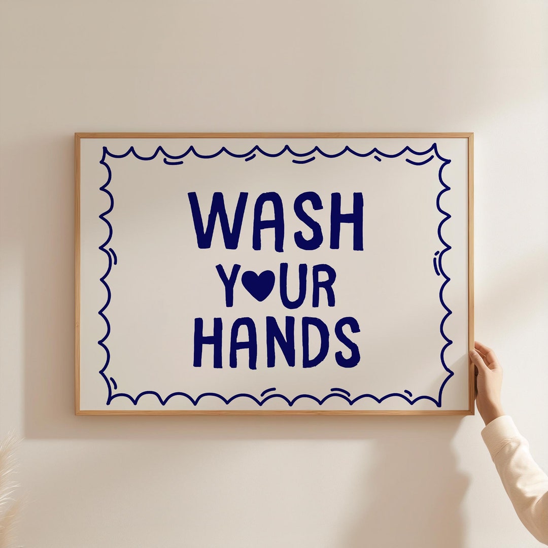 Wash Your Hands Print, Trendy Bathroom Decor, Blue Bathroom Wall Art ...