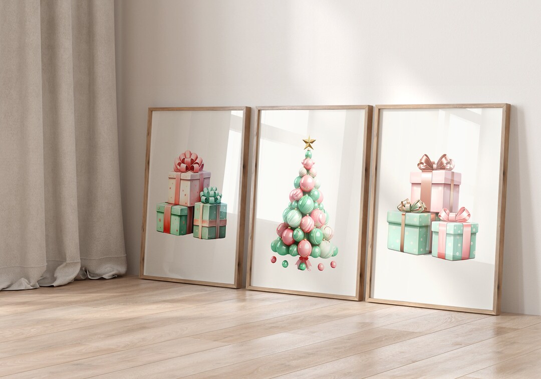 Retro Pink Christmas Set of 3 Prints, Pastel Christmas Printable Wall ...