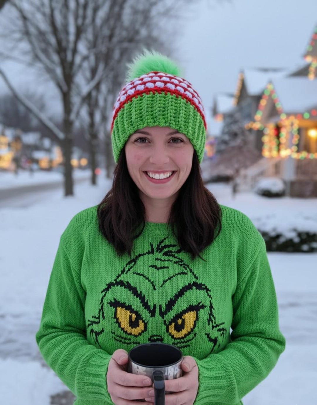 Grinch Inspired Christmas Beanie With Fur Pom Pom Green Red White - Etsy