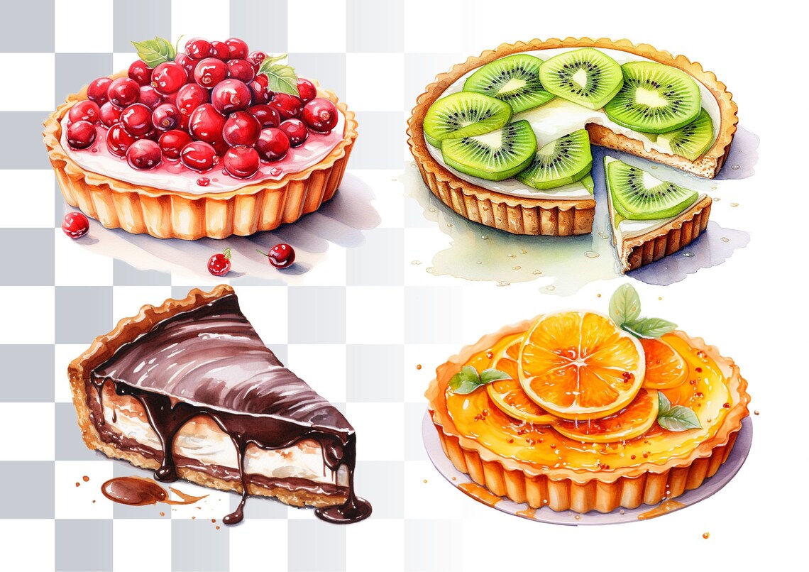 8 Sweet Tarts Watercolor Clipart PNG Dessert Art for Creative Delights ...