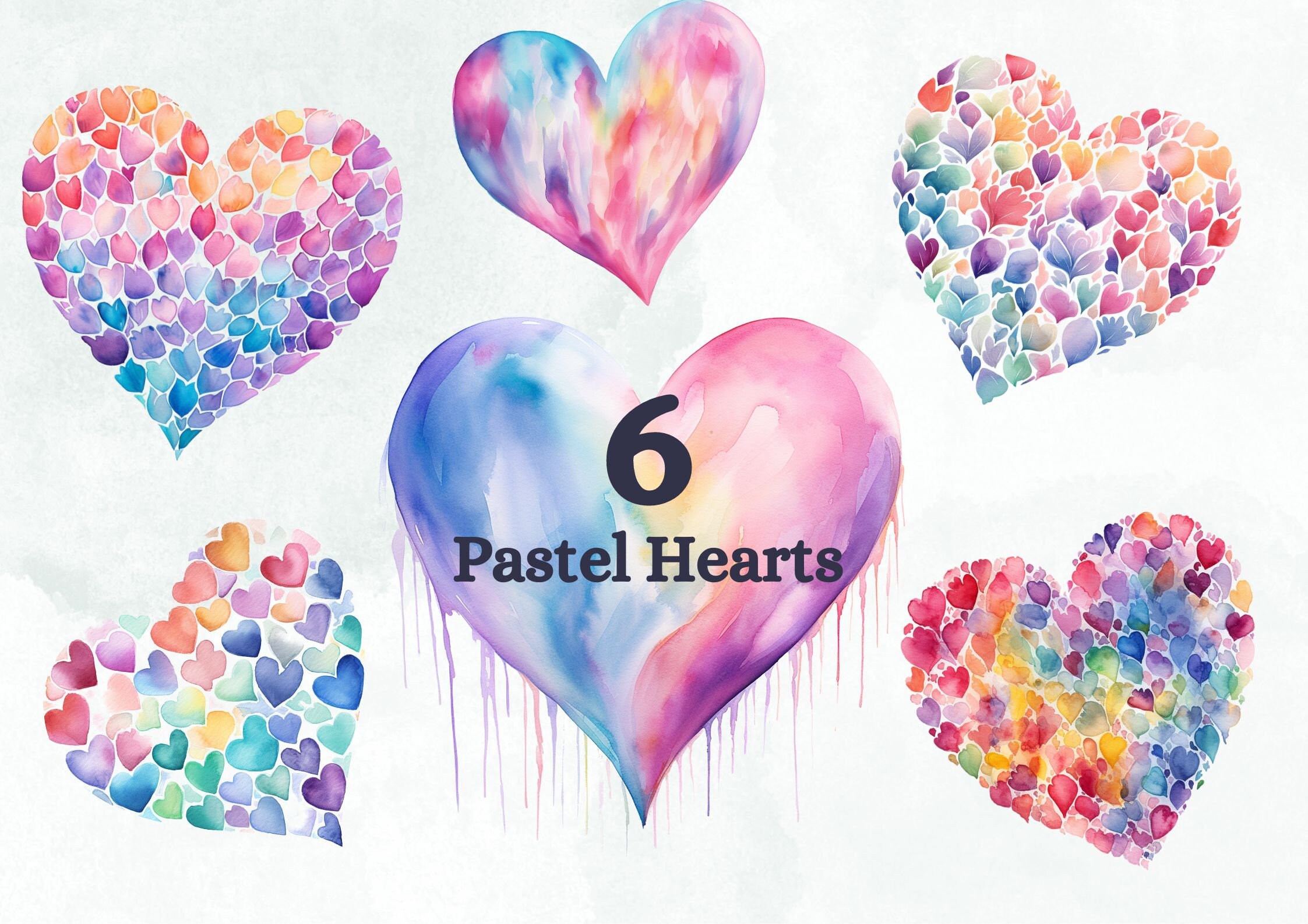 6 Pastel Hearts Watercolor Clipart PNG Colorful Romantic Love ...
