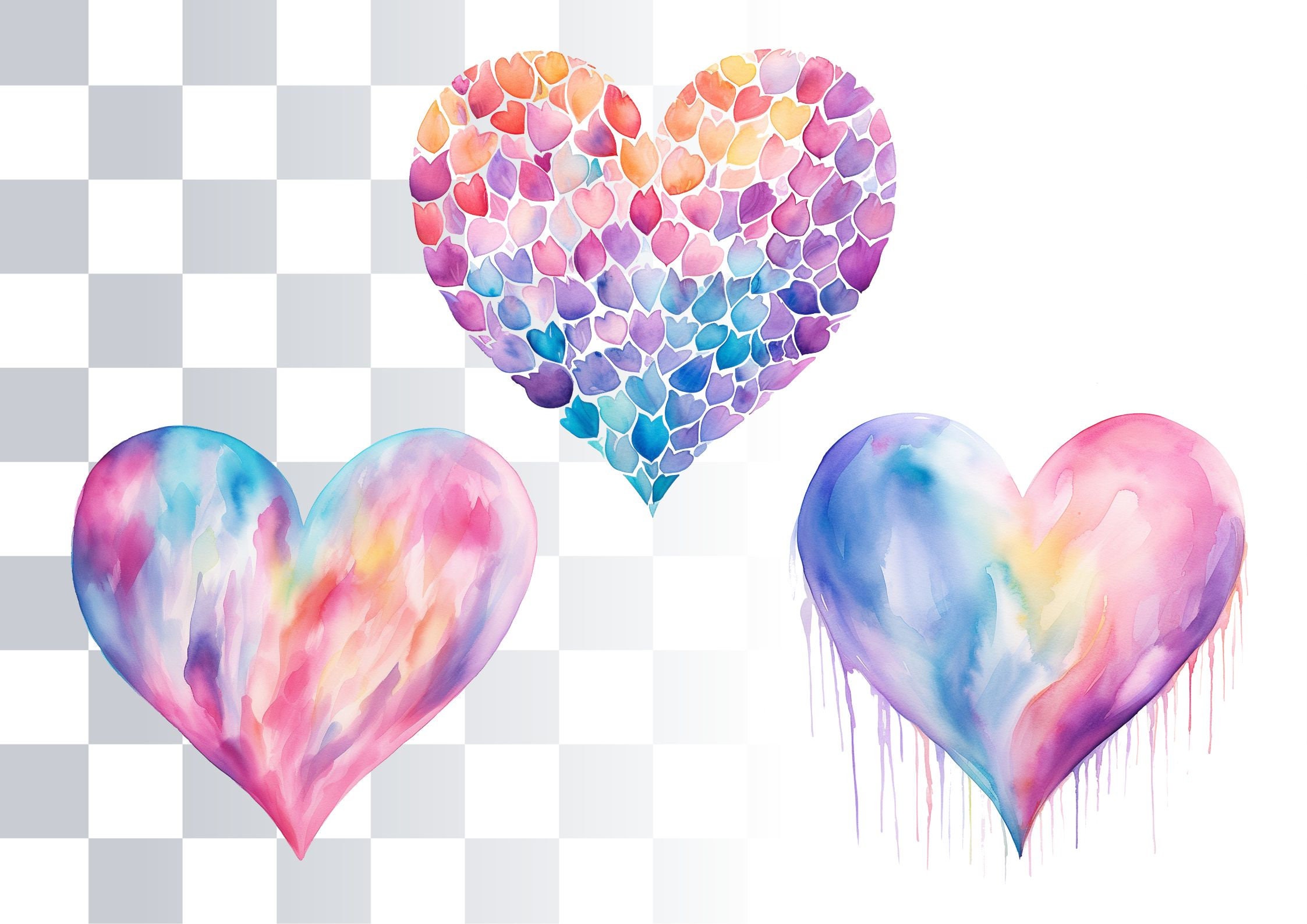 6 Pastel Hearts Watercolor Clipart PNG Colorful Romantic Love ...