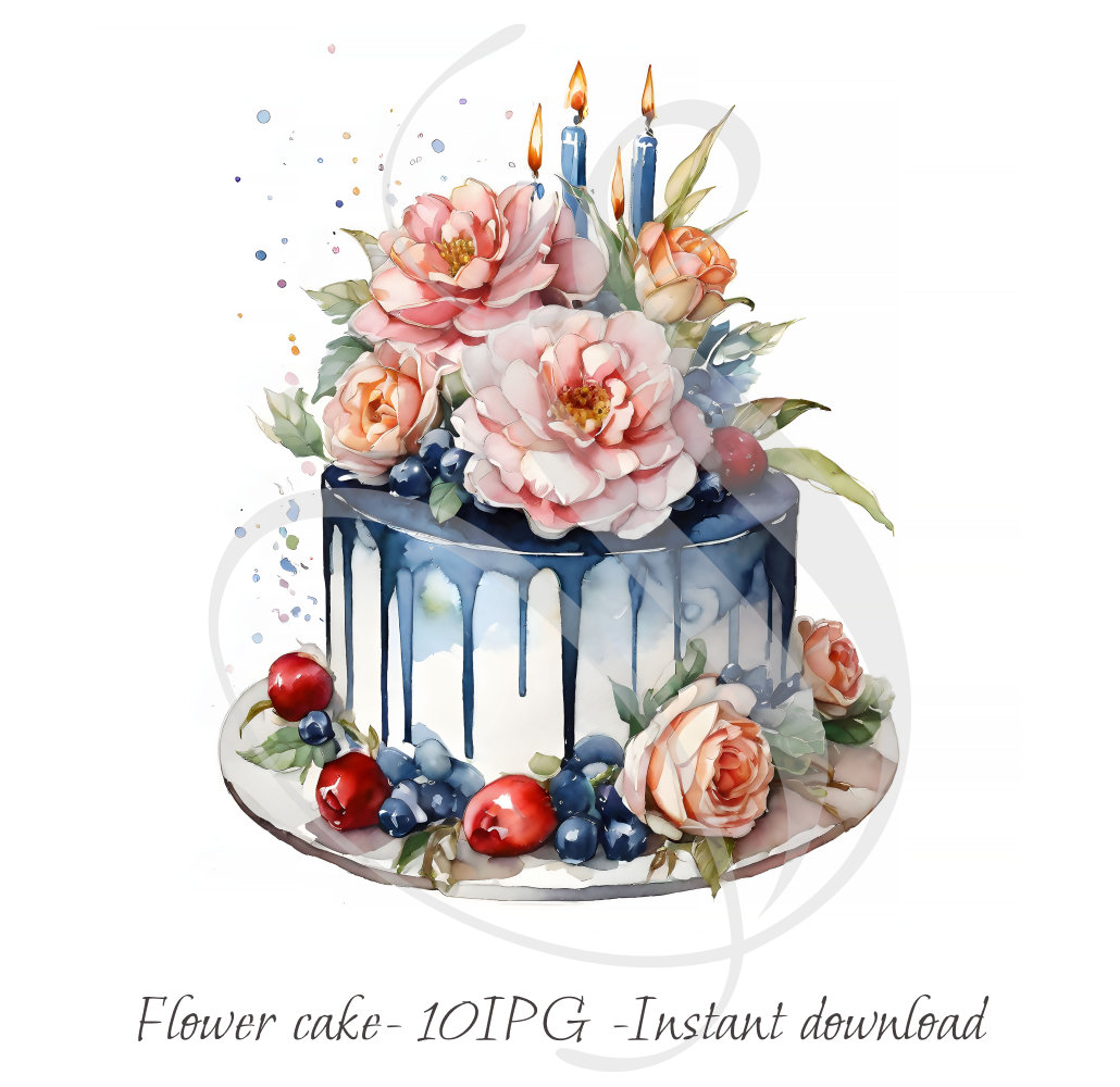 Colorful Watercolor Happy Birthday Flower Cake Clipart Bundle Set of 10 ...