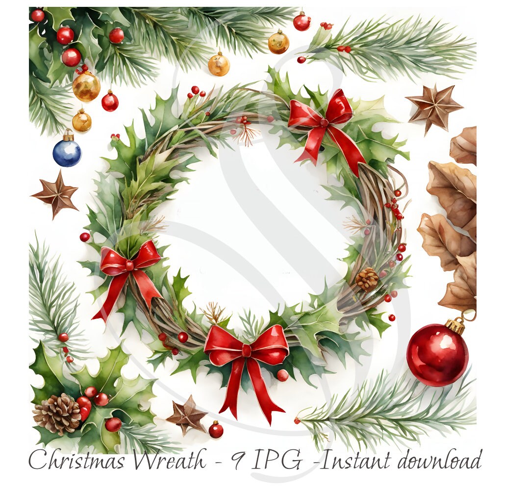 Beautiful Christmas Wreath Clipart Set - Watercolor Winter Clipart for ...