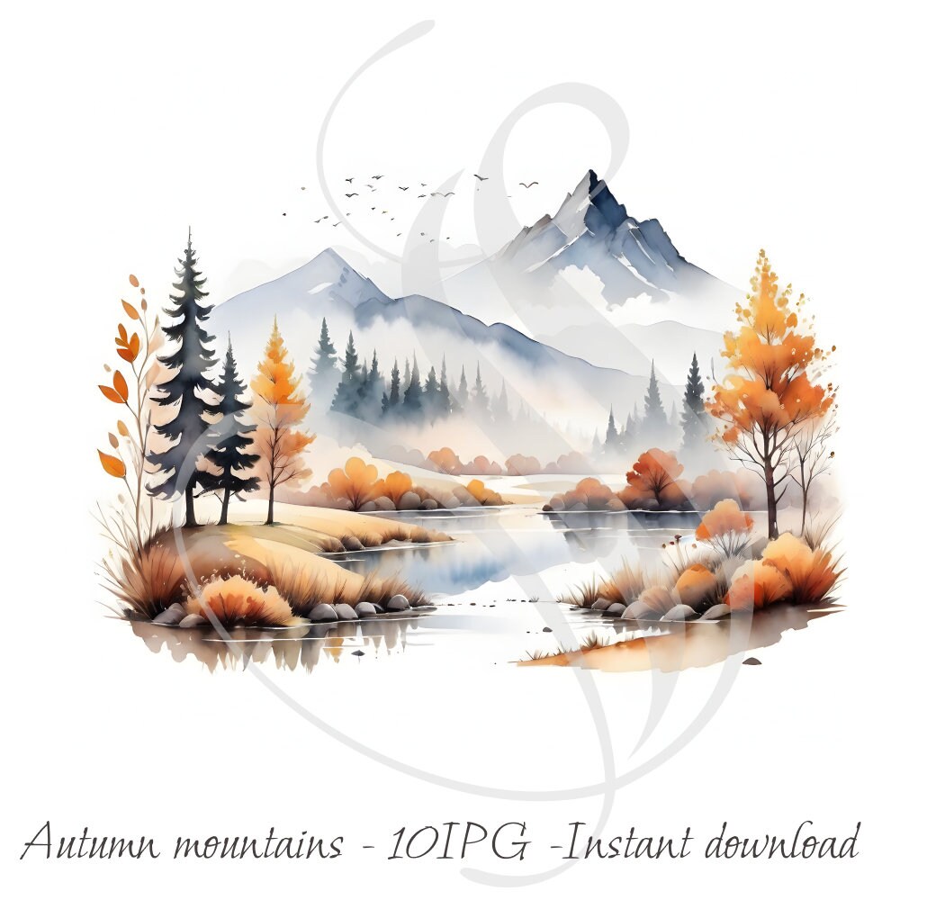 Watercolor Fall Scenery Clipart Set 10 JPG Autumn Landscape - Etsy