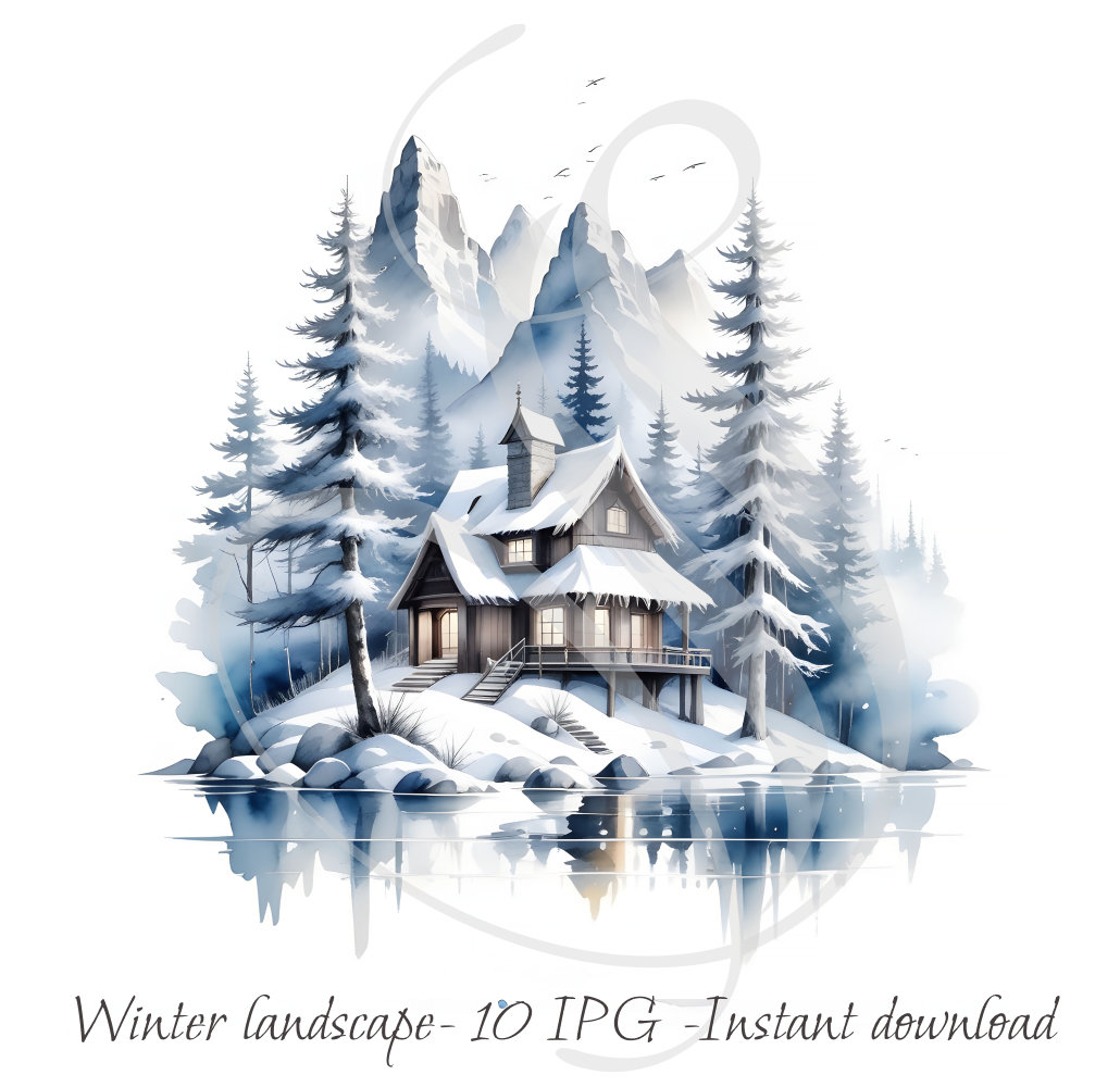Winter Wonderland Clipart Bundle Mountain Cottage and Lake Landscapes ...