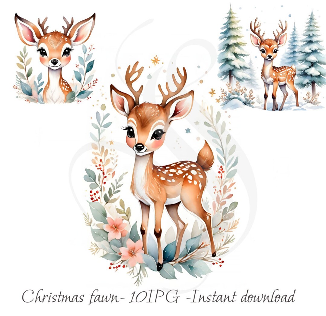 Merry Christmas Fawn Clipart Bundle - 10 High Quality Jpgs, Digital ...