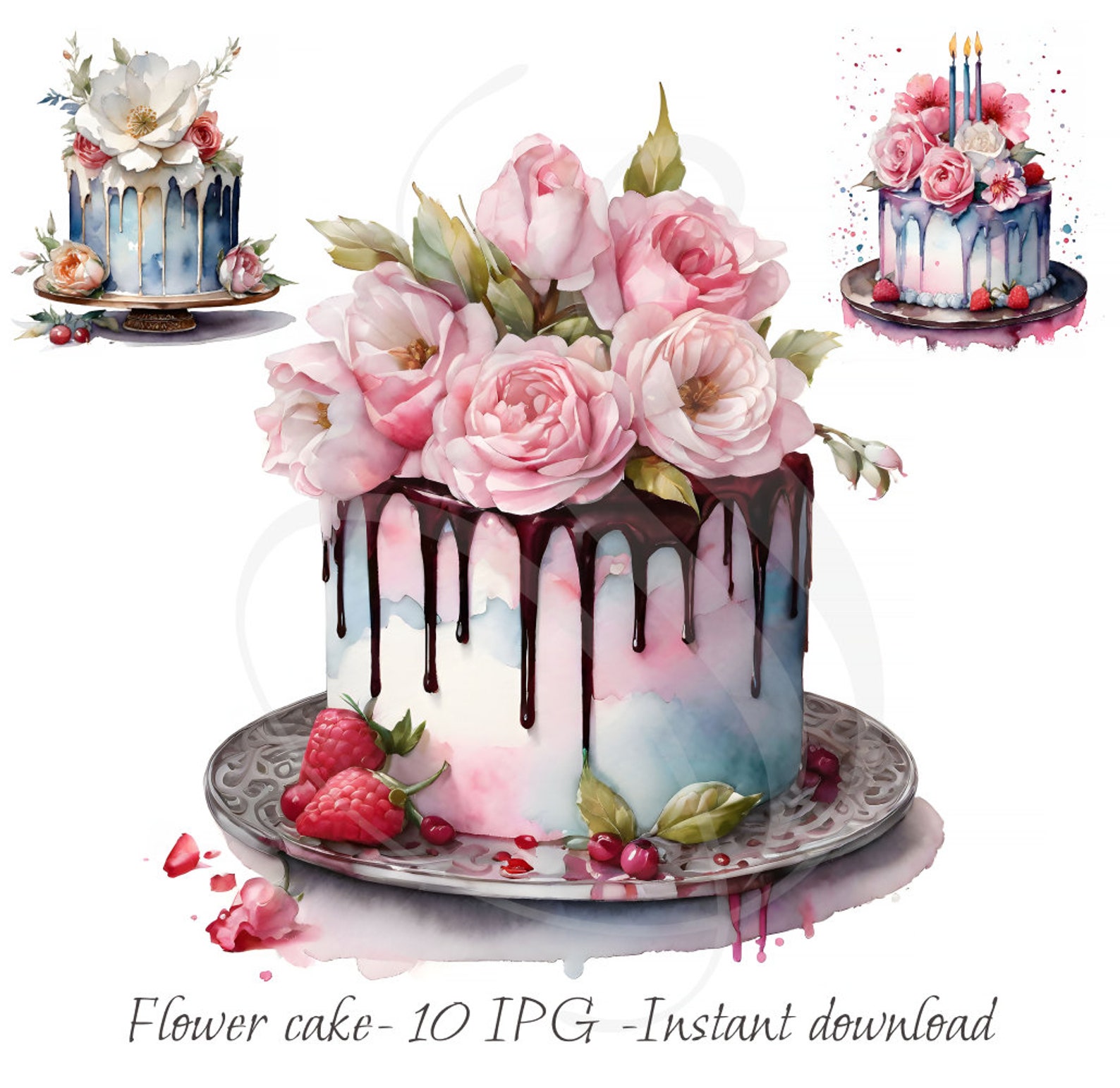 Colorful Watercolor Happy Birthday Flower Cake Clipart Bundle - Set of ...