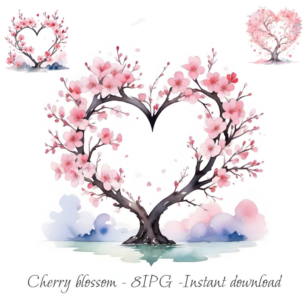Watercolor Cherry Blossom Heart Wreath Clipart Digital Download for ...