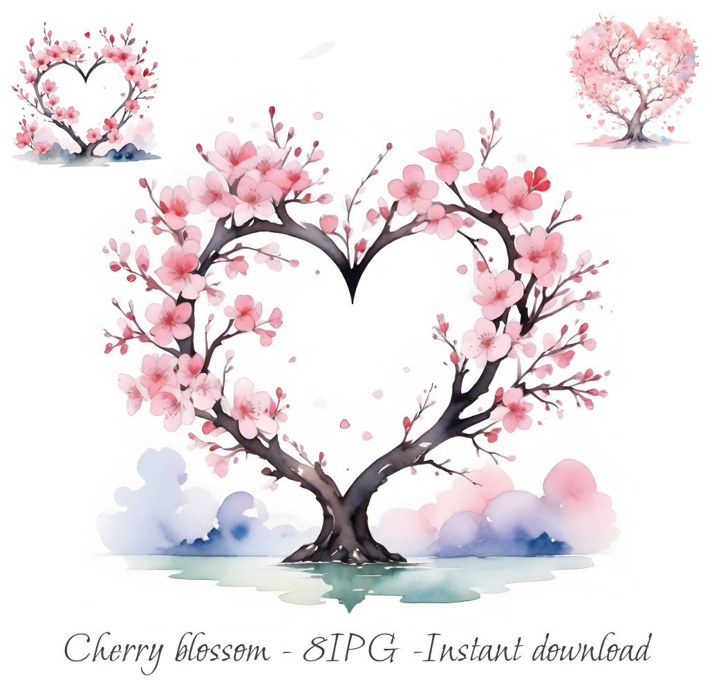 Watercolor Cherry Blossom Heart Wreath Clipart - Digital Download for ...