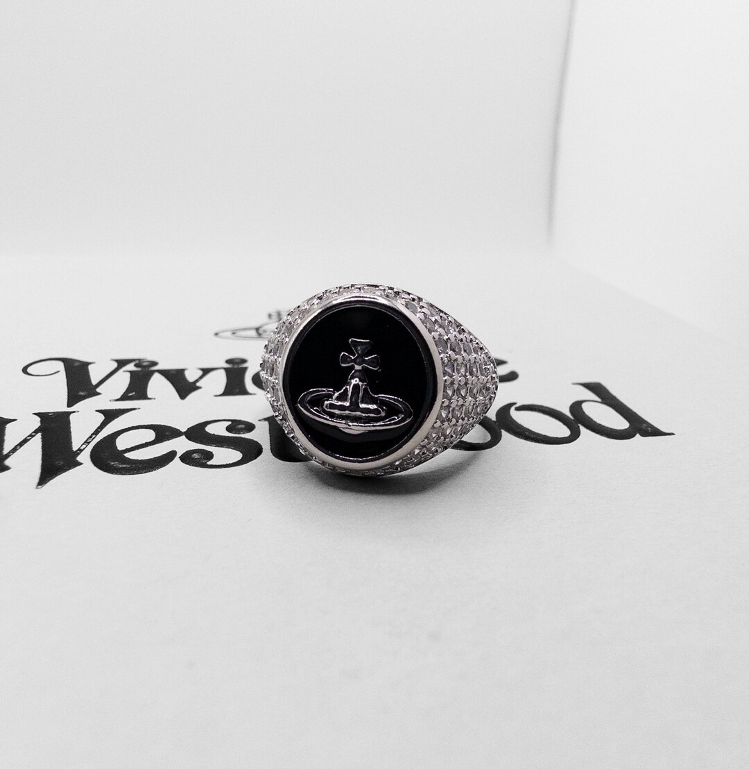 Vivienne Inspired Silver Rings, Saturn Signet Black Enamel Ring W ...