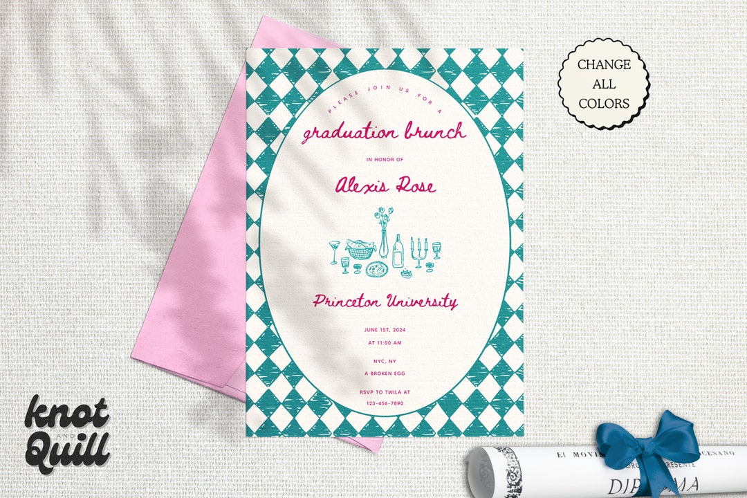GRADUATION BRUNCH INVITATION Template, Checkered Teal & Rose Handdrawn ...