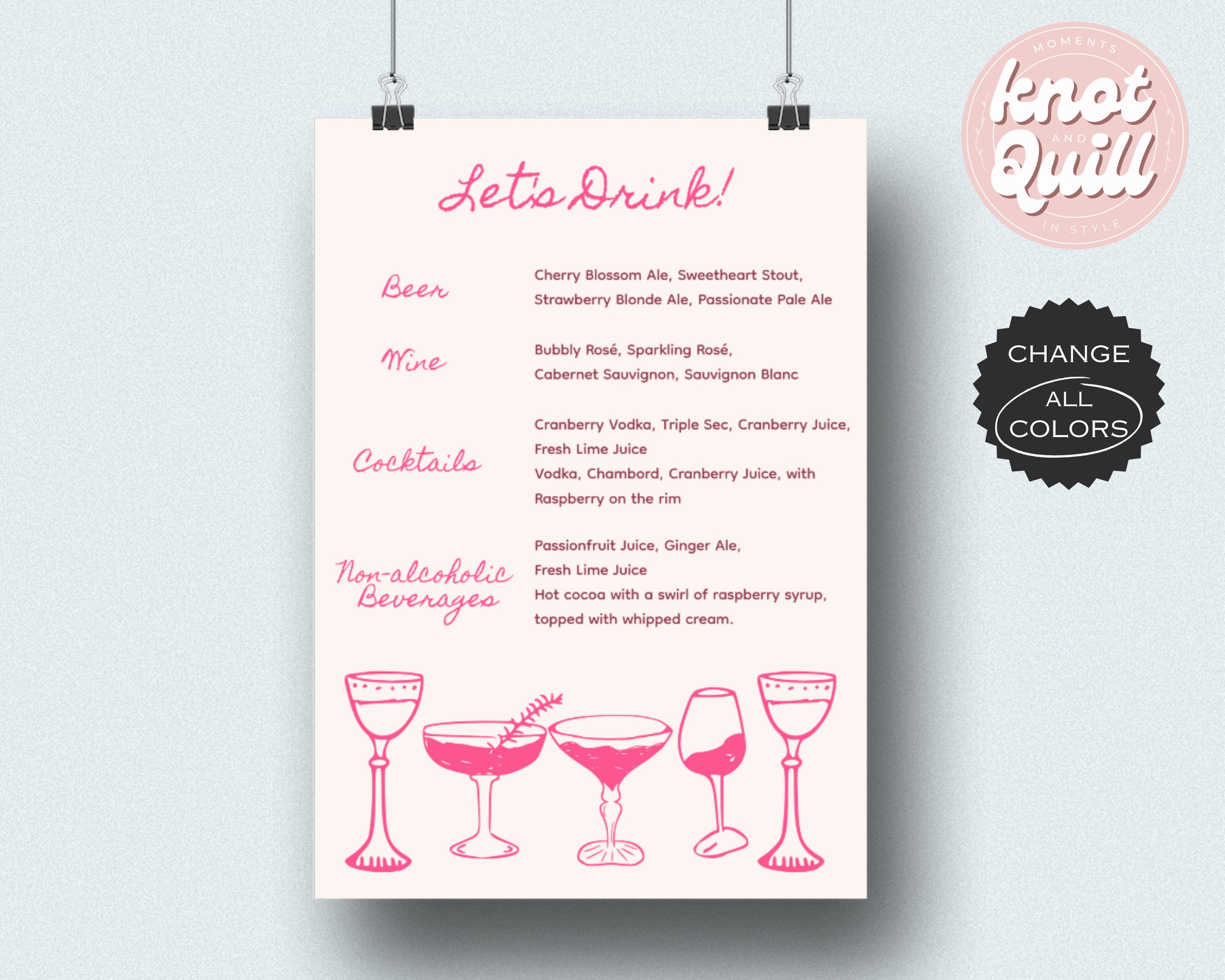 Illustrated BAR DRINKS MENU Template, Handdrawn Whimsical Cocktail ...