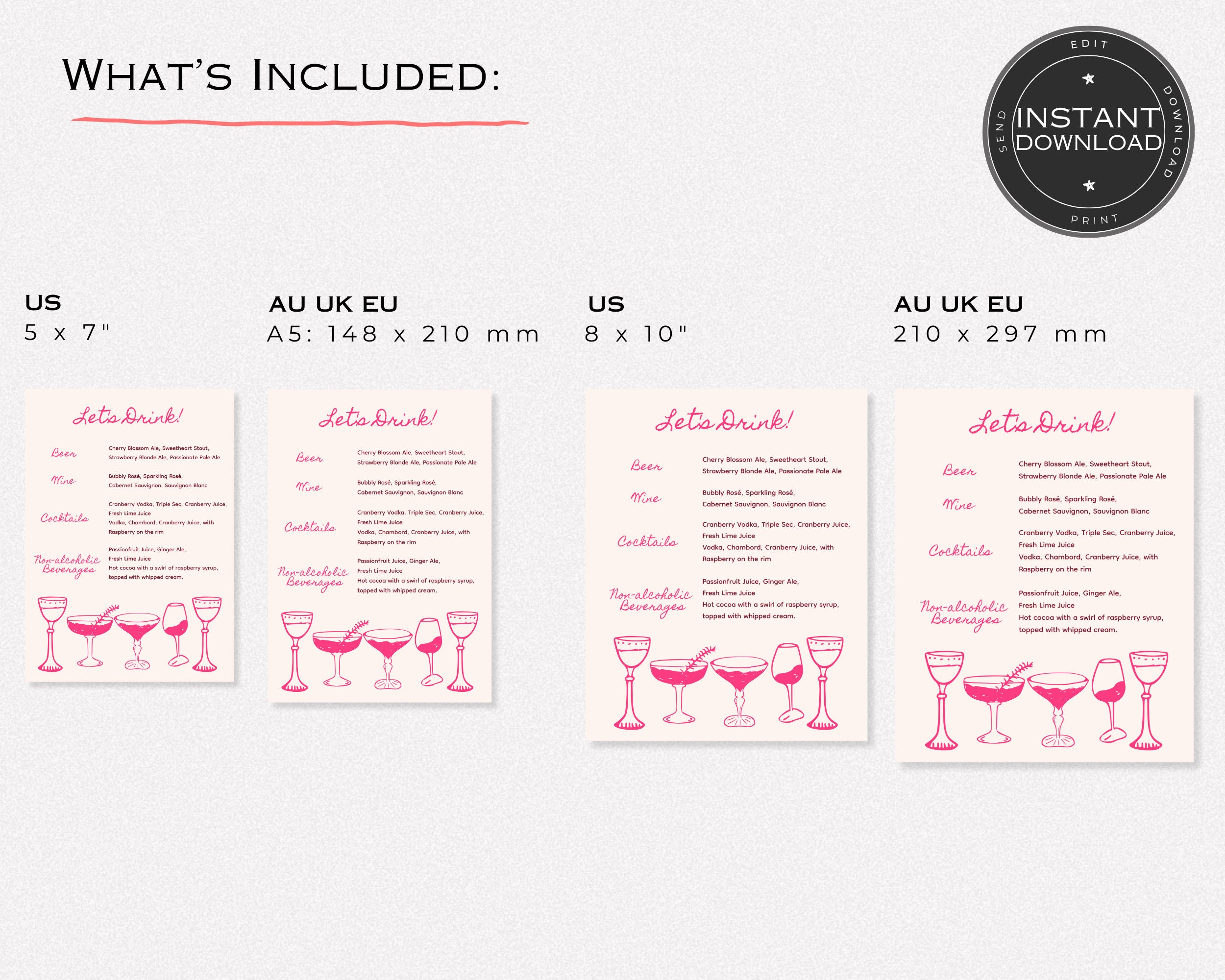 Illustrated BAR DRINKS MENU Template, Handdrawn Whimsical Cocktail ...