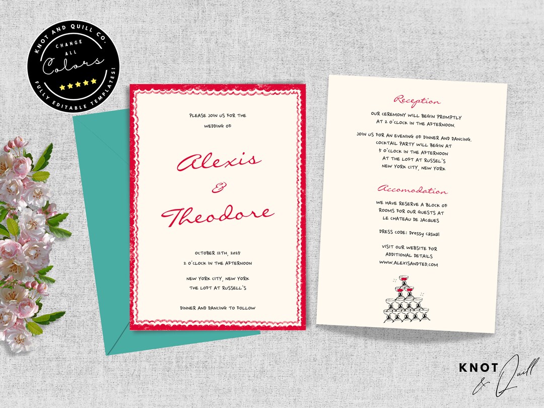 WEDDING INVITATION Double Sided Template, Red & Black, Illustrated ...