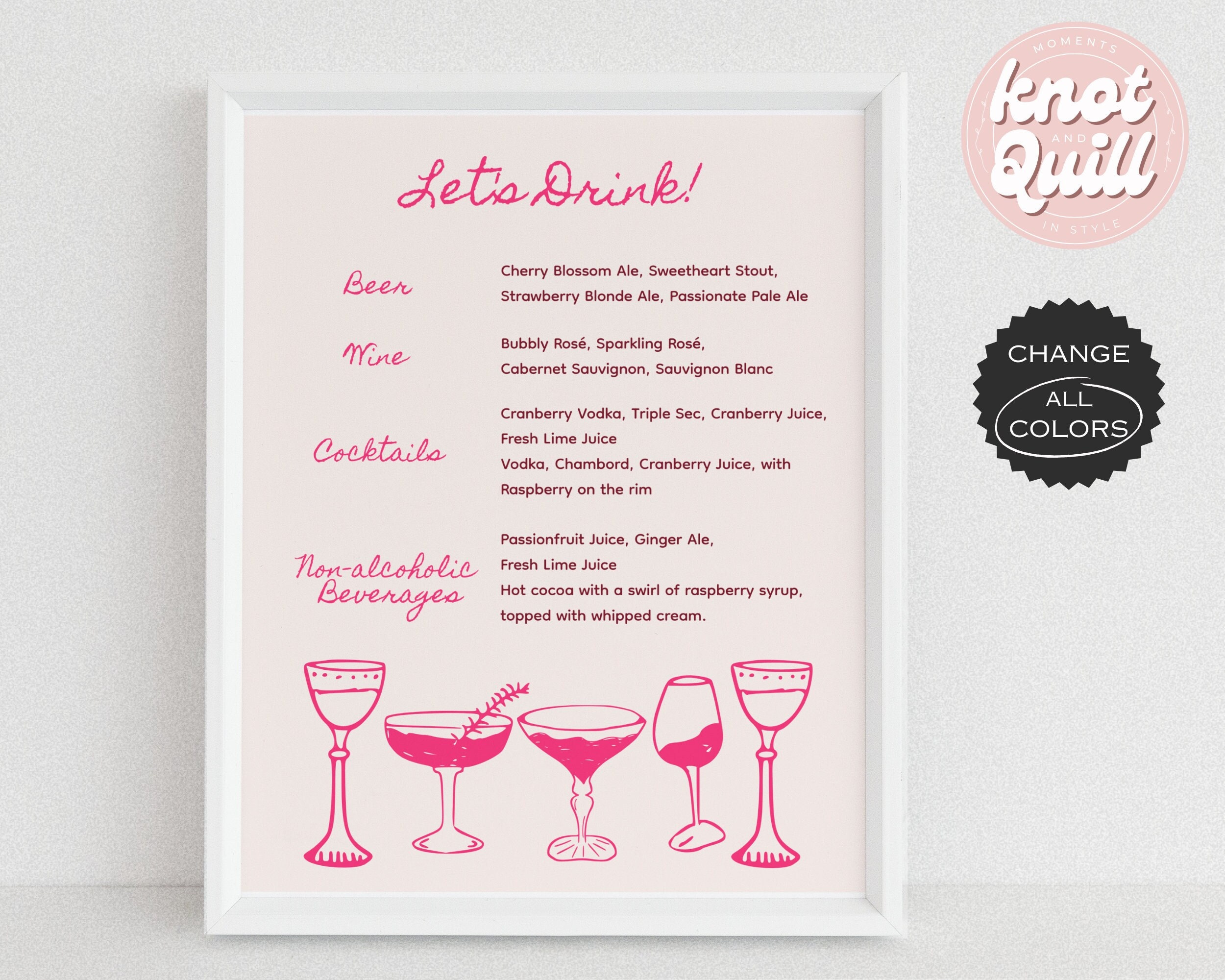 Illustrated BAR DRINKS MENU Template, Handdrawn Whimsical Cocktail Party Menu, Wedding Signage ...