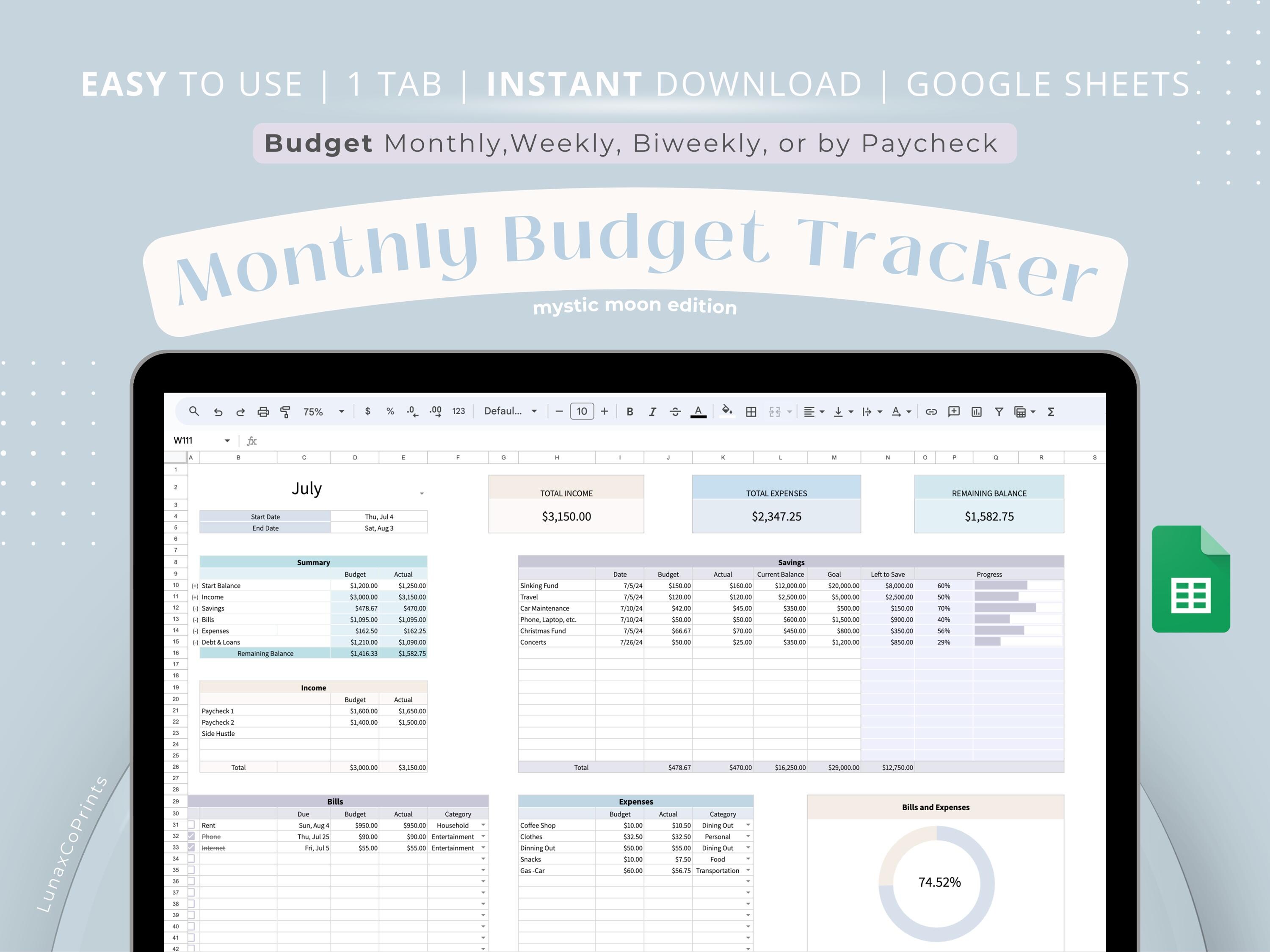 Budget Planner Google Sheets, Monthly Budget Spreadsheet Paycheck ...