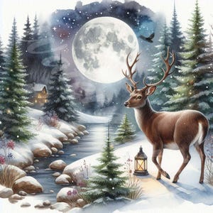 Christmas Reindeer Clipart: Winter Forest Landscape JPG (digital ...