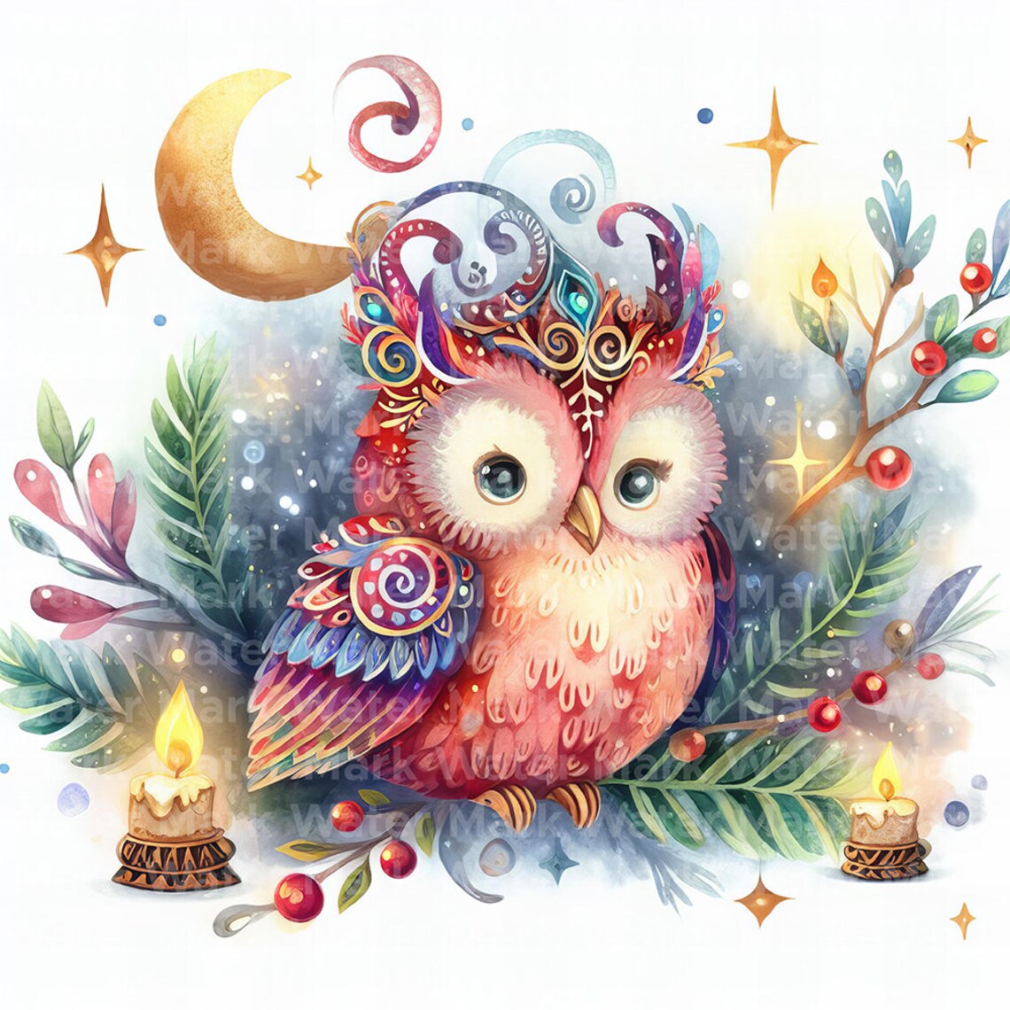 Christmas Owl Watercolor Clipart: Holiday Card Making (digital Download ...