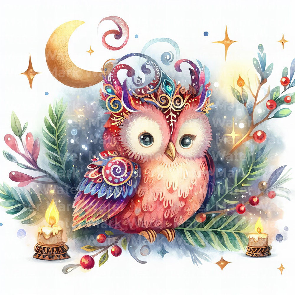 Christmas Owl Watercolor Clipart: Holiday Card Making (digital Download ...