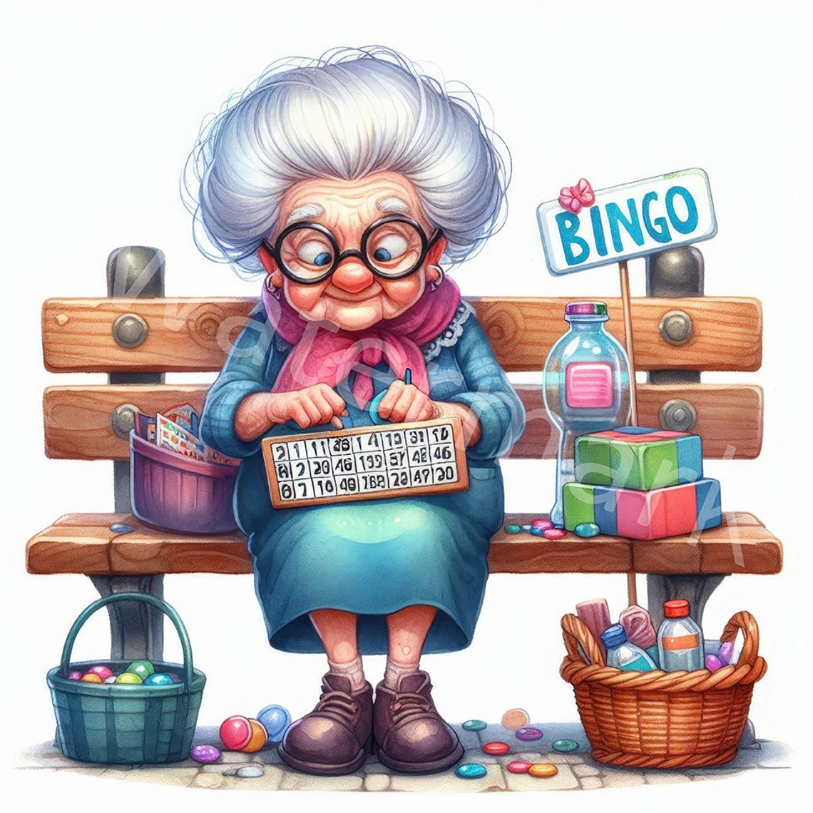Funny Grandma Bingo Clipart: Watercolor Old Ladies (digital Download ...