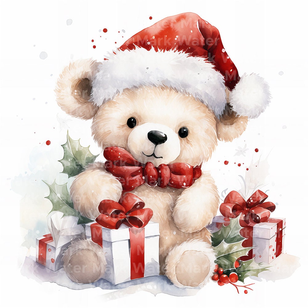 Christmas Teddy Bear Clipart, 12 JPG, Watercolor Clipart, Christmas Clipart, Digital Paper ...