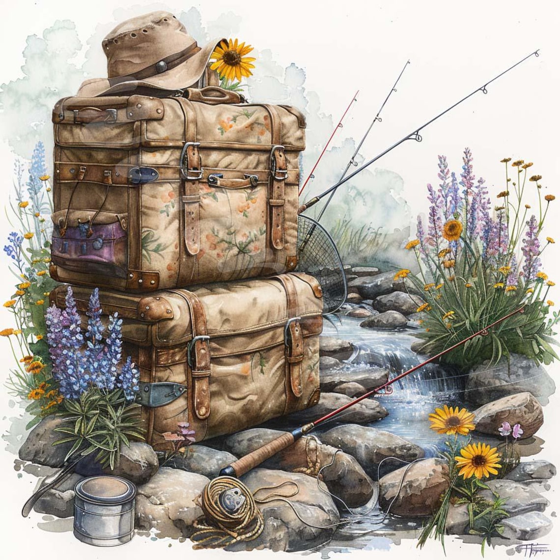 Watercolor Fishing Clipart Set: Rods, Fish, & Gear (JPG Digital ...