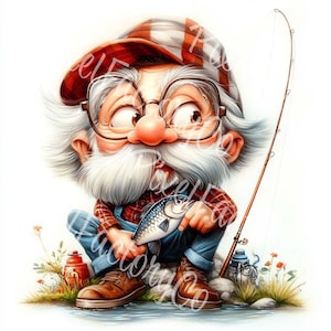 Funny Grandpa Fishing Clipart: Watercolor Summer Character Bundle ...