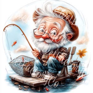 Funny Grandpa Fishing Clipart: Watercolor Summer Character Bundle ...