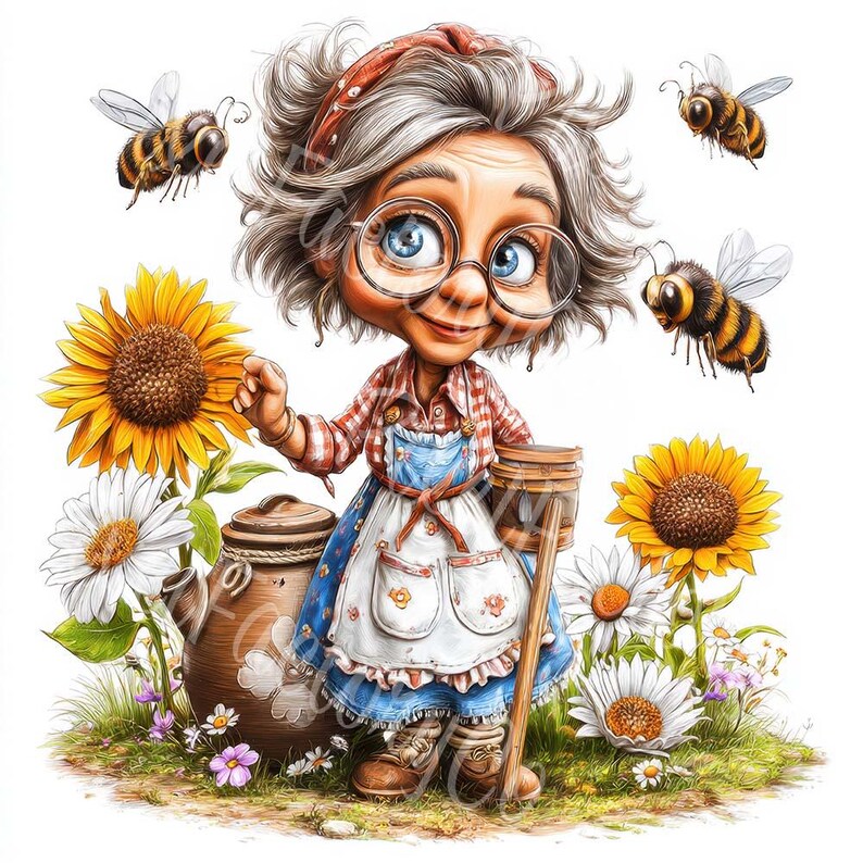 Funny Beekeeper Grandma Clipart Bundle: Whimsical Bees & Hive (digital ...