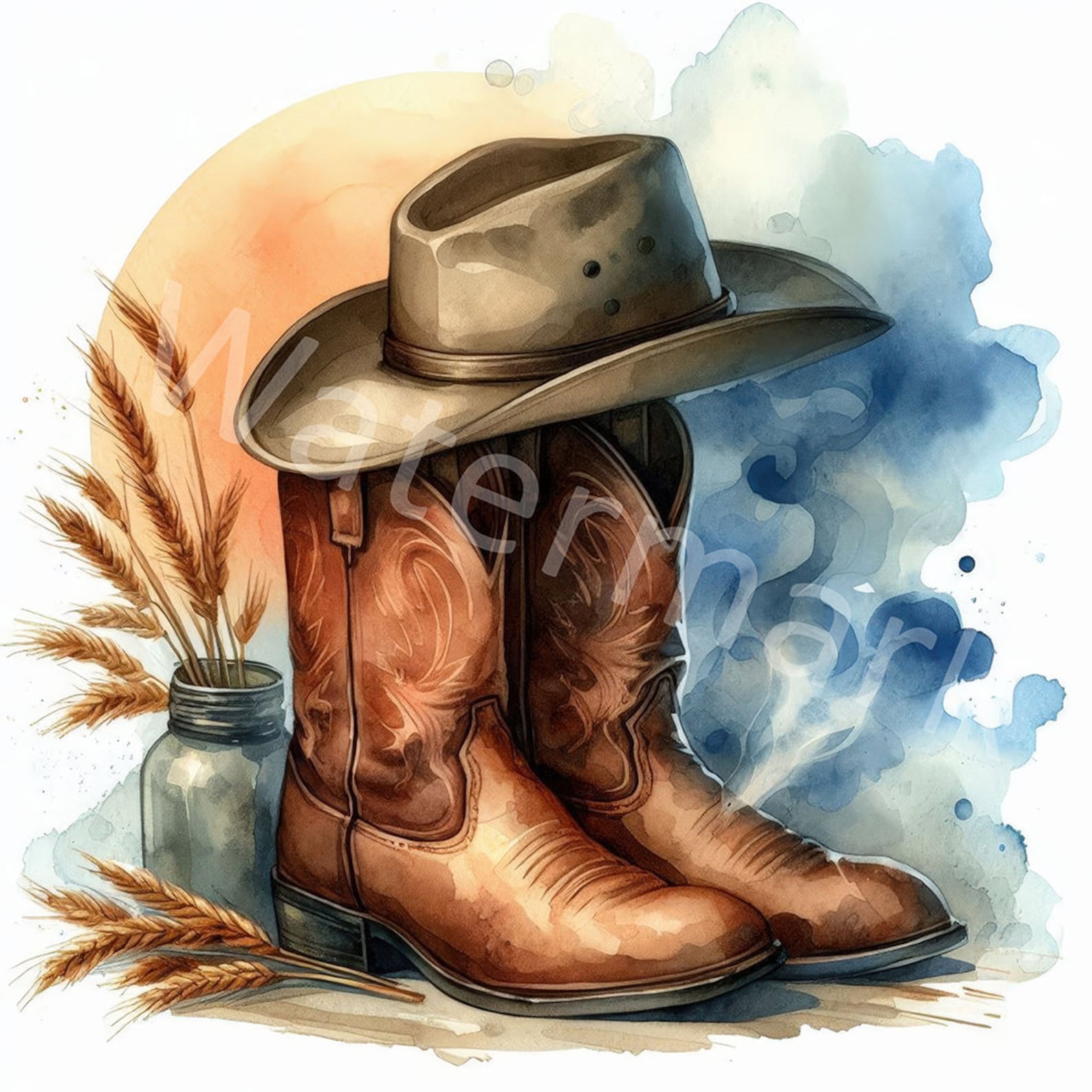 Watercolor Cowboy Boots & Hat Clipart: Western Art (digital Download ...