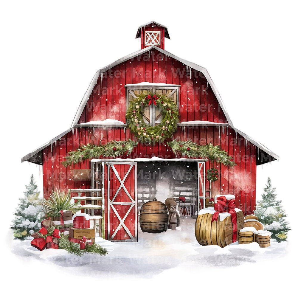 Christmas Barn Watercolor Clipart, 12 JPG, Christmas Clipart, Winter ...