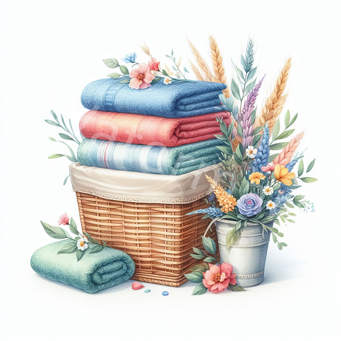 Watercolor Towels Clipart: Stacked Towels & Basket (digital Download ...