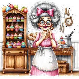 Grandma Baking Cupcakes Clipart: Watercolor Women Graphics (digital ...