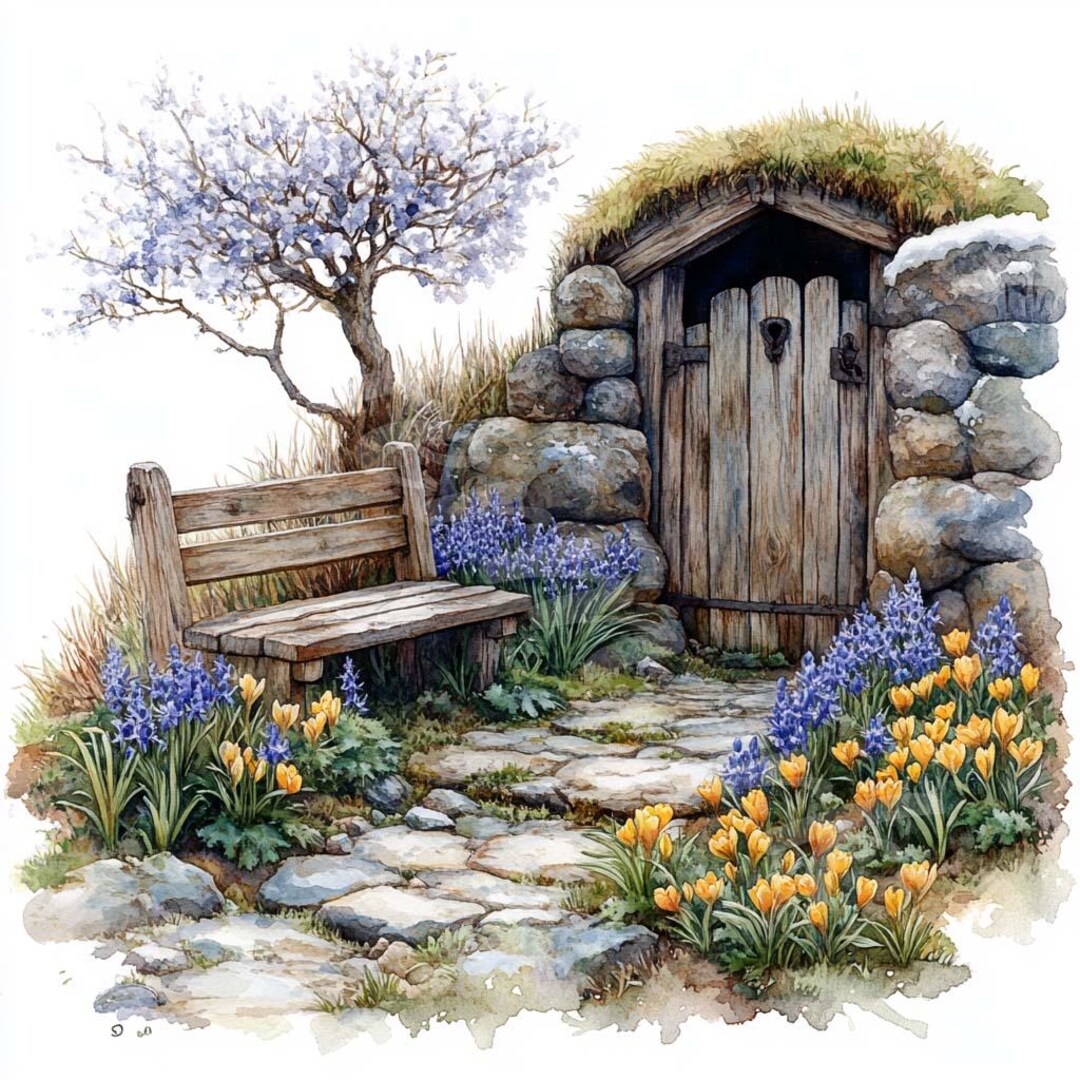Watercolor Spring Garden Clipart: Flowers & Landscape (digital Download ...