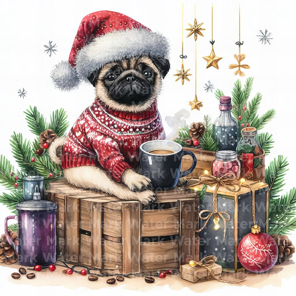 Christmas Dog Pug Clipart 12 Jpg Watercolor Clipart - Etsy