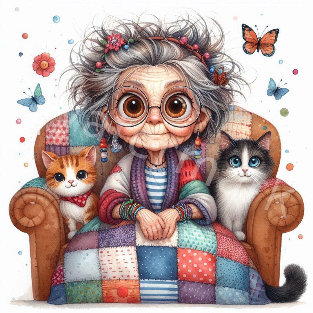 Grandma With Cats Clipart: Watercolor Patchwork Quilt (digital Download ...