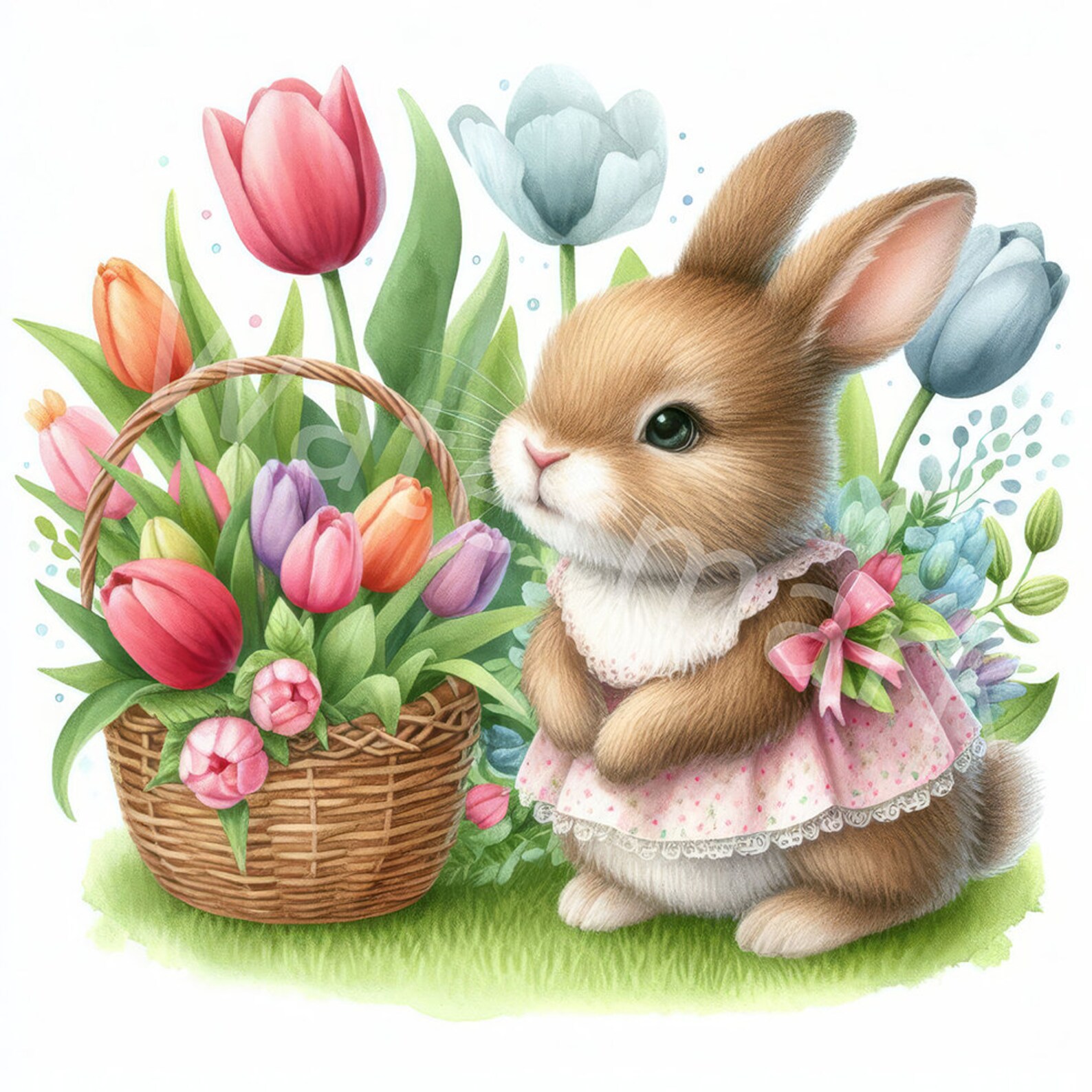 Easter Bunny Watercolor Clipart: Floral Basket (digital Download) - Etsy