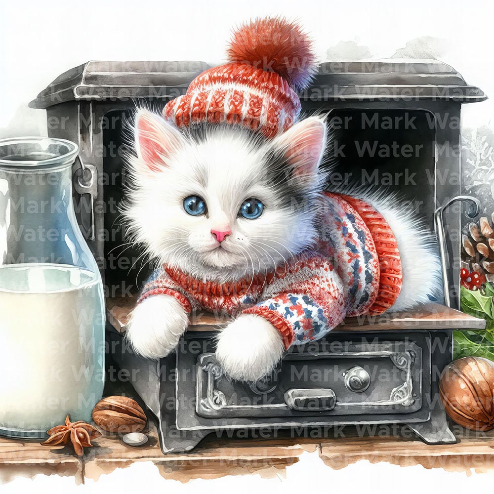 Christmas Cat Watercolor Clipart: Holiday Card Making (digital Download ...