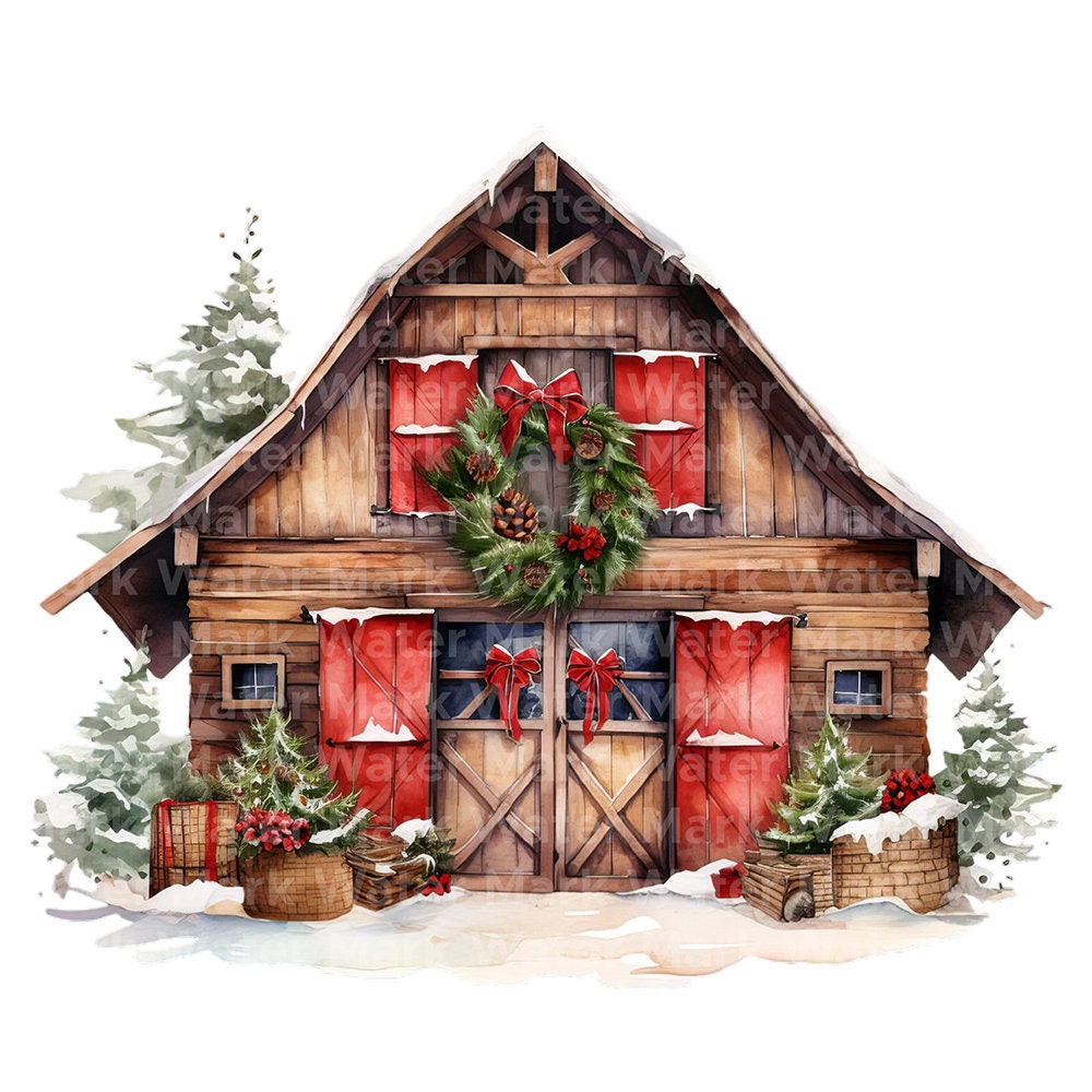 Christmas Barn Watercolor Clipart, 12 JPG, Christmas Clipart, Winter ...