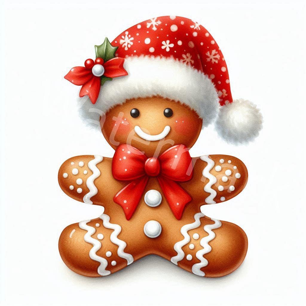 Watercolor Christmas Gingerbread Man Clipart: Santa Hat Cookie (digital ...