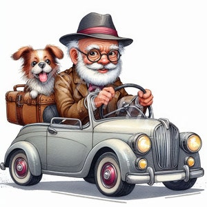 Funny Old Man Driver Clipart, 12JPG, Crazy Grandpa in Car, Senior ...