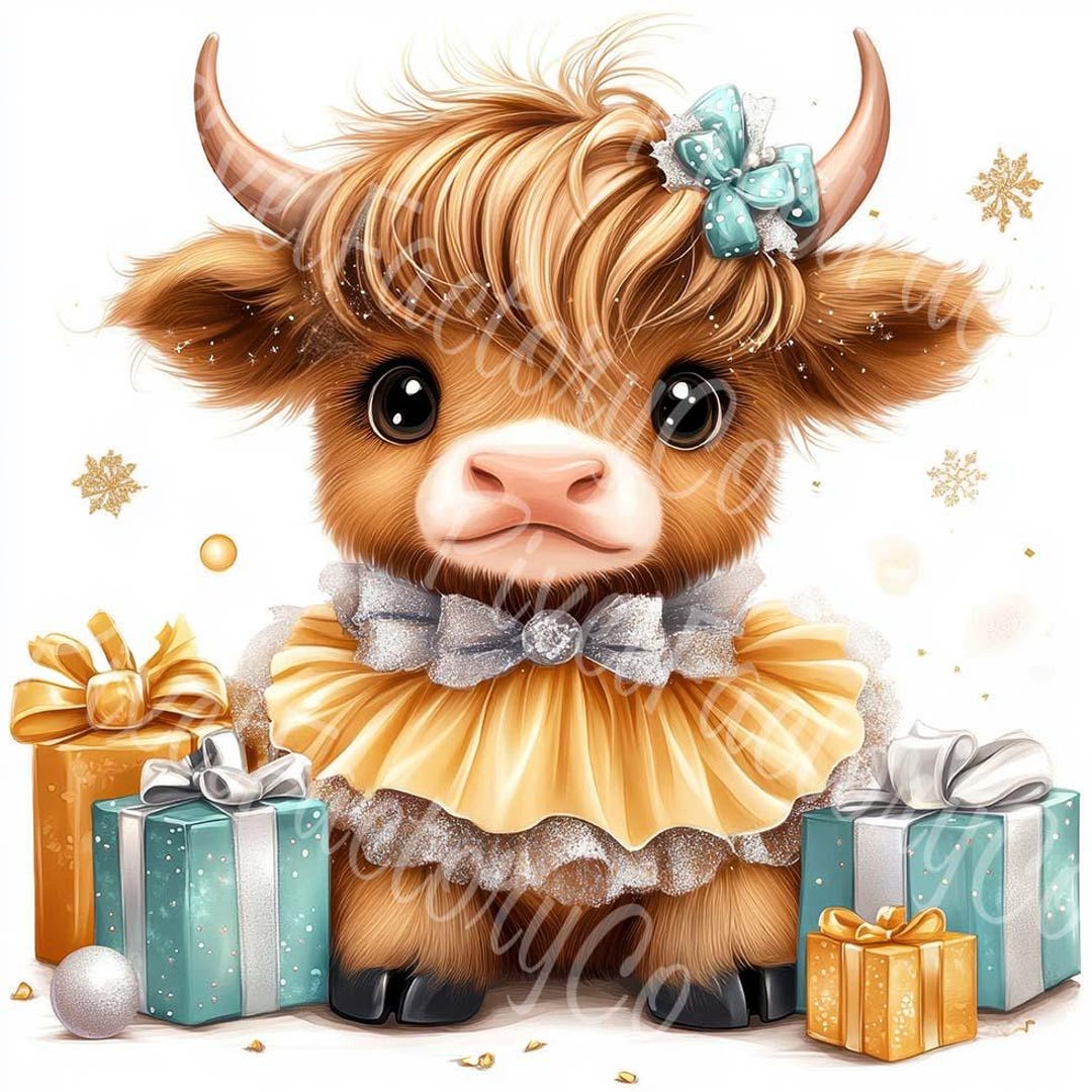 Highland Cow Birthday Clipart: Baby Calf Party Outfit (JPG Digital Art ...