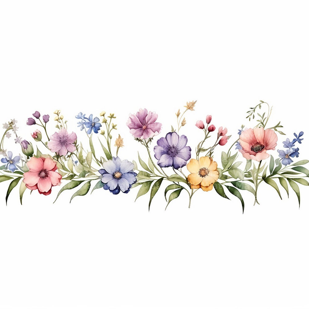 Watercolor Wildflower Border Clipart: Floral Card Making (digital ...