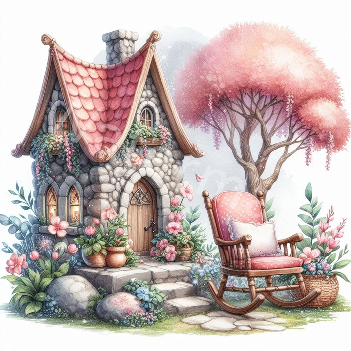 Pink Fairy House Clipart: Watercolor Stone Cottage (digital Download ...